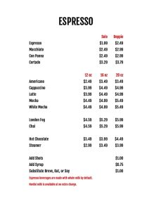 Cafe menu – Red Castle Games