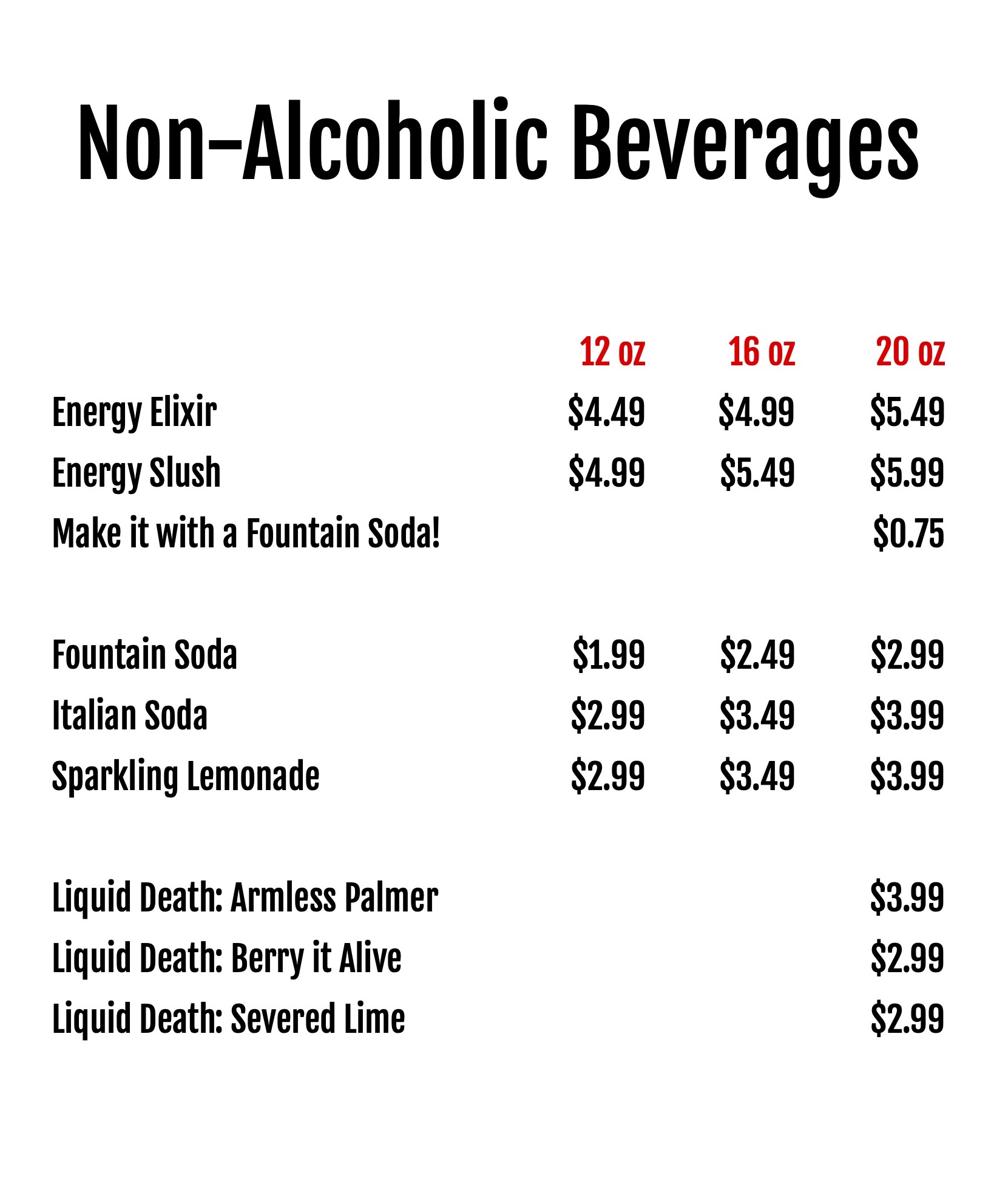 Cafe menu – Red Castle Games